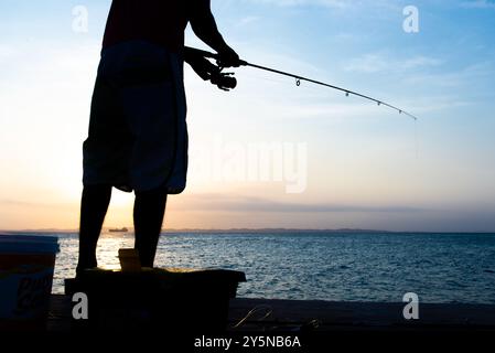 Silhouette of a fishing rod at sunset. Ponta do Humatia in Salvador ...