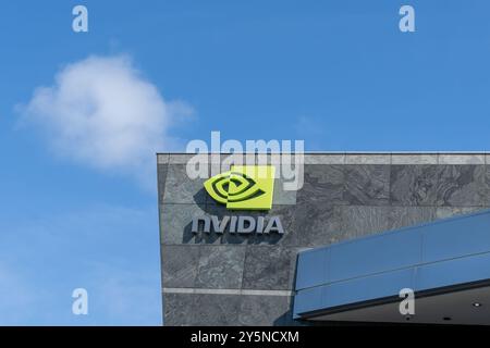 Close up of Nvidia sign on the building at its headquarters in Santa ...