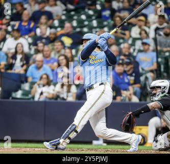 Milwaukee Brewers first baseman Rhys Hoskins looks on during a baseball ...