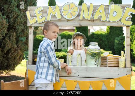 Cute little girl selling natural lemonade to boy in park Stock Photo ...