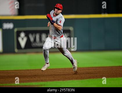 Los Angeles Angels' Nolan Schanuel (18) celebrates with Oswald Peraza ...
