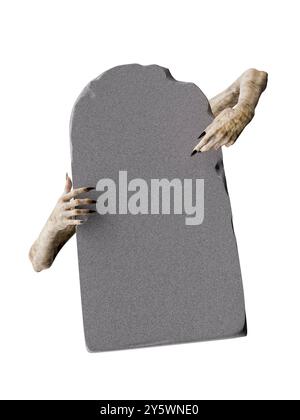 Zombie hands emerging from a tombstone with copy space.. Isolated on ...
