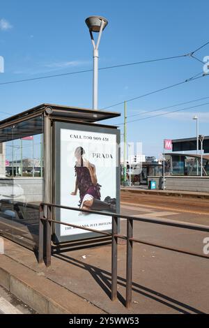 Prada billboard display at the tram stop, Milano, Italy fall 2024 Stock ...