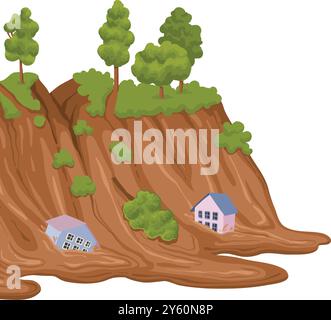 Cartoon mudflow, natural disaster. Landslide, mud stream with stones ...