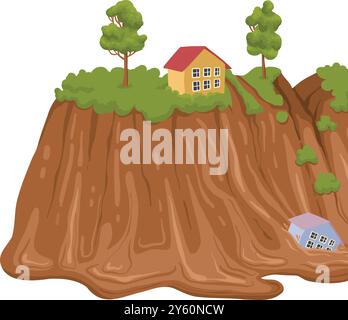 Cartoon mudflow, natural disaster. Landslide, mud stream with stones ...