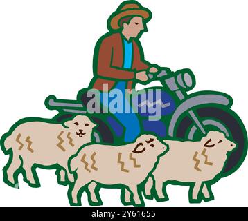 Farmer riding a motorcycle next to sheep on the farm vector design ...