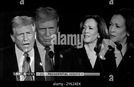 Double exposure of TV screenshots of the Sept. 10, 2024, presidential ...