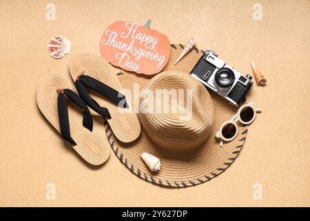 Card for Thanksgiving Day with beach accessories on white background ...