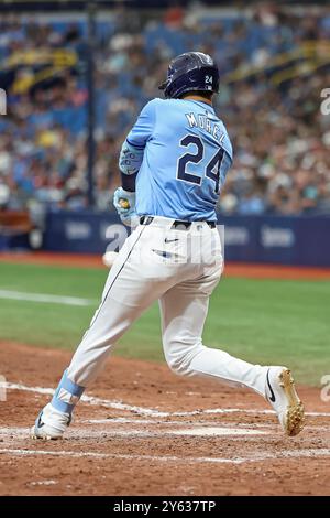 Tampa Bay Rays outfielder Christopher Morel (24) jogs to the dugout ...