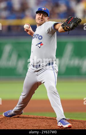 Toronto Blue Jays pitcher Erik Swanson warms up before a baseball game ...