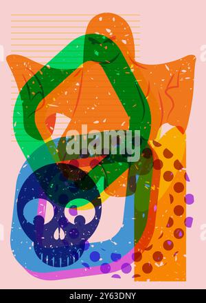 Risograph Skull and ghost with geometric shapes. Halloween objects in ...