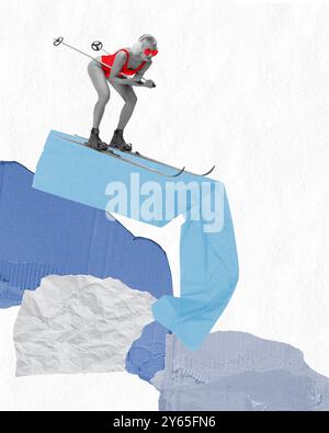 Contemporary art collage. Daring skier in red takes on steep slope ...