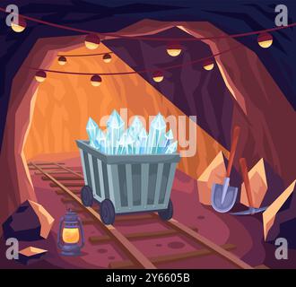 Mine cave with crystal cartoon game background. Underground tunnel ...