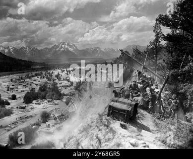 Caravan on Oregon Trail scene, on-set of the western film, "The Big ...