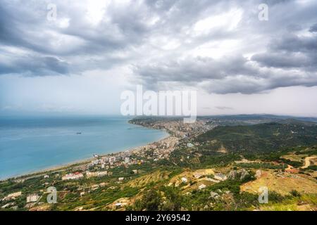 Attractive spring cityscape of Vlore city from Kanines fortress Stock ...