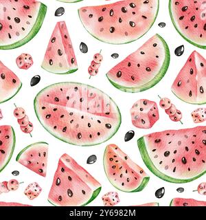 Seamless pattern with watercolor illustration watermelon slices on ...