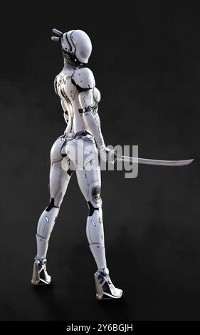 3d illustration of A woman cyborg ninja pose with katana on white ...