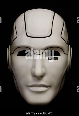 3d rendering of humanoid robot cyborg thinking and compute on blue ...