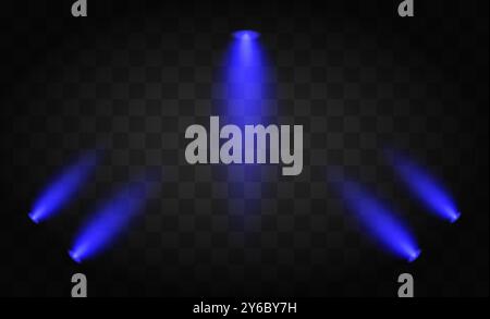 Three blue soft spotlight beams on a transparent background. Glowing ...