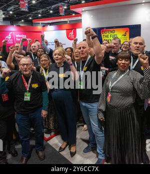 Trade unionist Sharon Graham the general secretary of Unite, delivers a ...