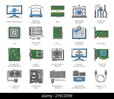 Pc components icons. Processor ssd cpu power adapter ram memory and hdd ...