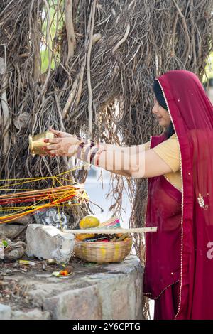 devotee worshiping the holy banyan tree with offerings at day on the ...