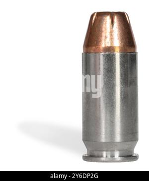 Silver colored cartridge for a 45 caliber semi-auto pistol with a ...
