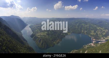 Aerial view on famous Banjska stena on Drina river in Tara National ...