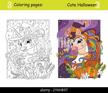 Cute unicorn in a witches hat with a pumpkin. Halloween concept ...