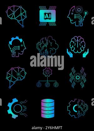 Set of 12 Artificial intelligence line icons, 12 AI for technology symbols concepts, and 12 ...