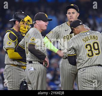 San Diego Padres manager Mike Shildt (8) takes the ball from relief ...
