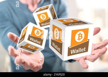 Bitcoin wallet concept above the hands of a man in background Stock ...