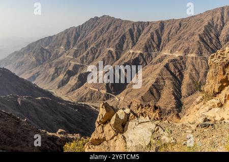 Deep valley with King Fahd Road in Sarawat mountains near Al Baha ...
