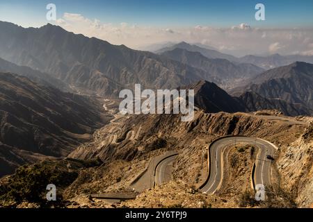 View of Wadi Hali in Al Souda mountains with a winding road near Abha ...