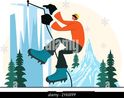 Ice Climbing Vector Illustration featuring a Climber Scaling an Ice ...