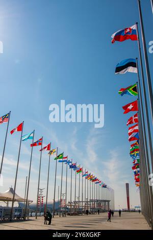 FEBRUARY 8, 2022, QINGDAO, CHINA: The flag alley and the Olympic light ...
