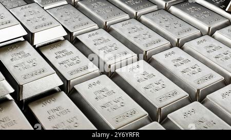 Large stack of silver ingots. 3D illustration Stock Photo - Alamy