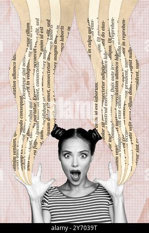 Vertical collage picture young shocked confused woman fist gesture ...