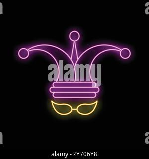 Neon sign representing a jester hat with three points, glowing purple ...