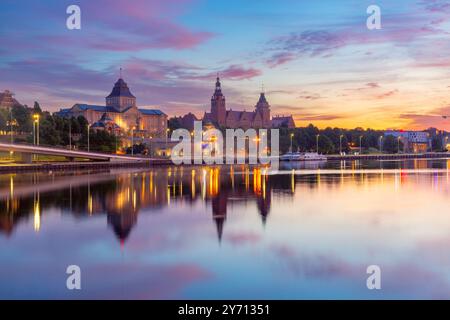 Sunset view of the Szczecin riverfront along the Oder River in Poland ...