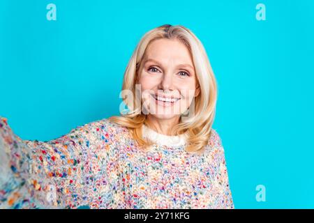 Photo of nice pretty lady blogger shiny toothy smile wear yellow ...