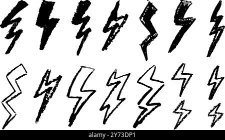 Set of lightning by wax pencil drawing. Collection of handdrawing chalk ...