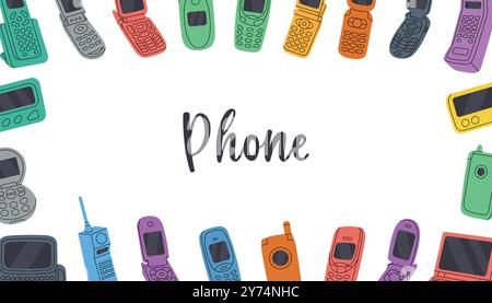 Phones horizontal banner. Retro electronic devices. Mobile with buttons ...