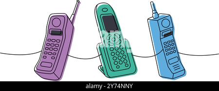 Old fashioned phones set one line continuous drawing. Old communication ...
