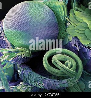 Moth's eye. Coloured scanning electron micrograph (SEM) of a section of ...