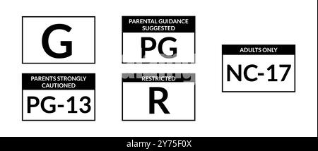 Film rating system label sticker set, black and white vector art Stock ...