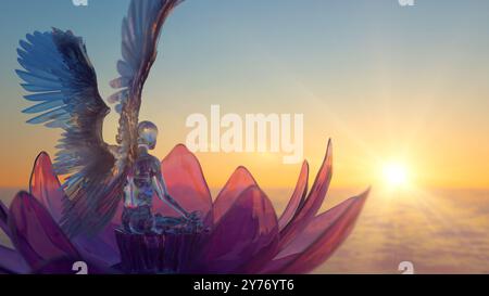 3d illustration of a translucent astral angel at dawn meditating on a ...