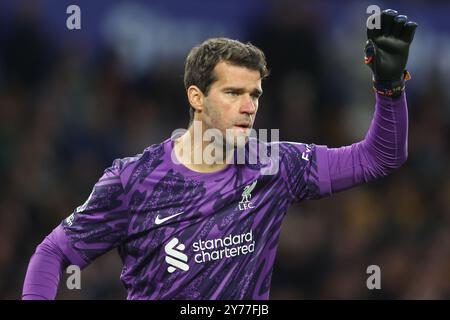 Alisson Becker of Liverpool gives his team instructions during the ...