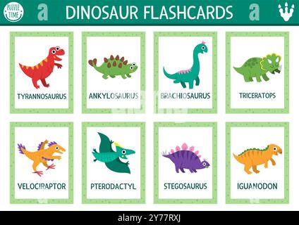 Cute dinosaur cards set with Pterodactyl, Stegosaurus, Tyrannosaurus ...
