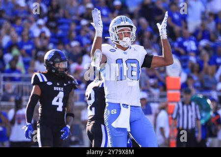 North Carolina tight end Bryson Nesbit runs a drill at the NFL football ...
